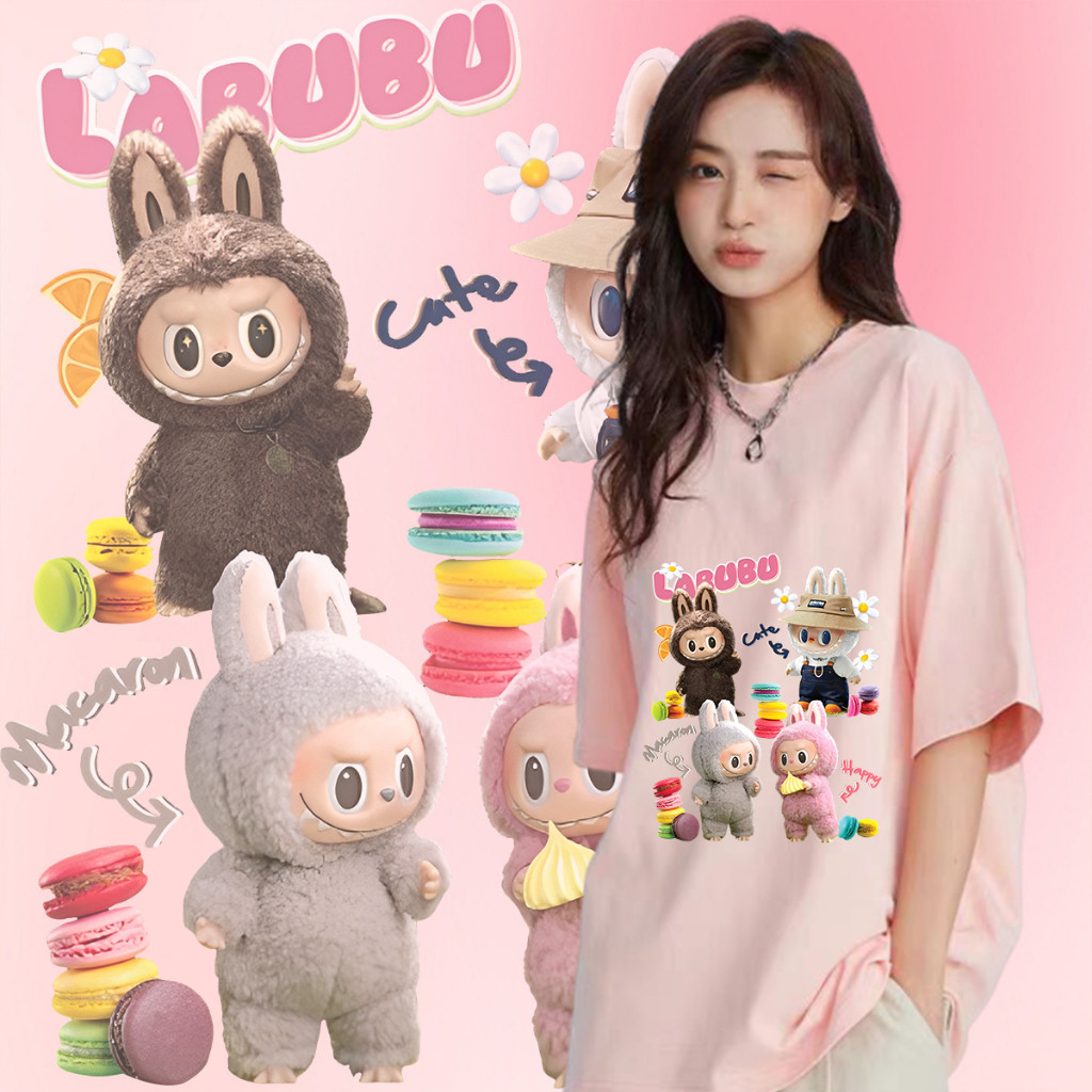 New Labubu Blouse Pop Mart T-Shirt Short Sleeve Top Black White Cotton ...