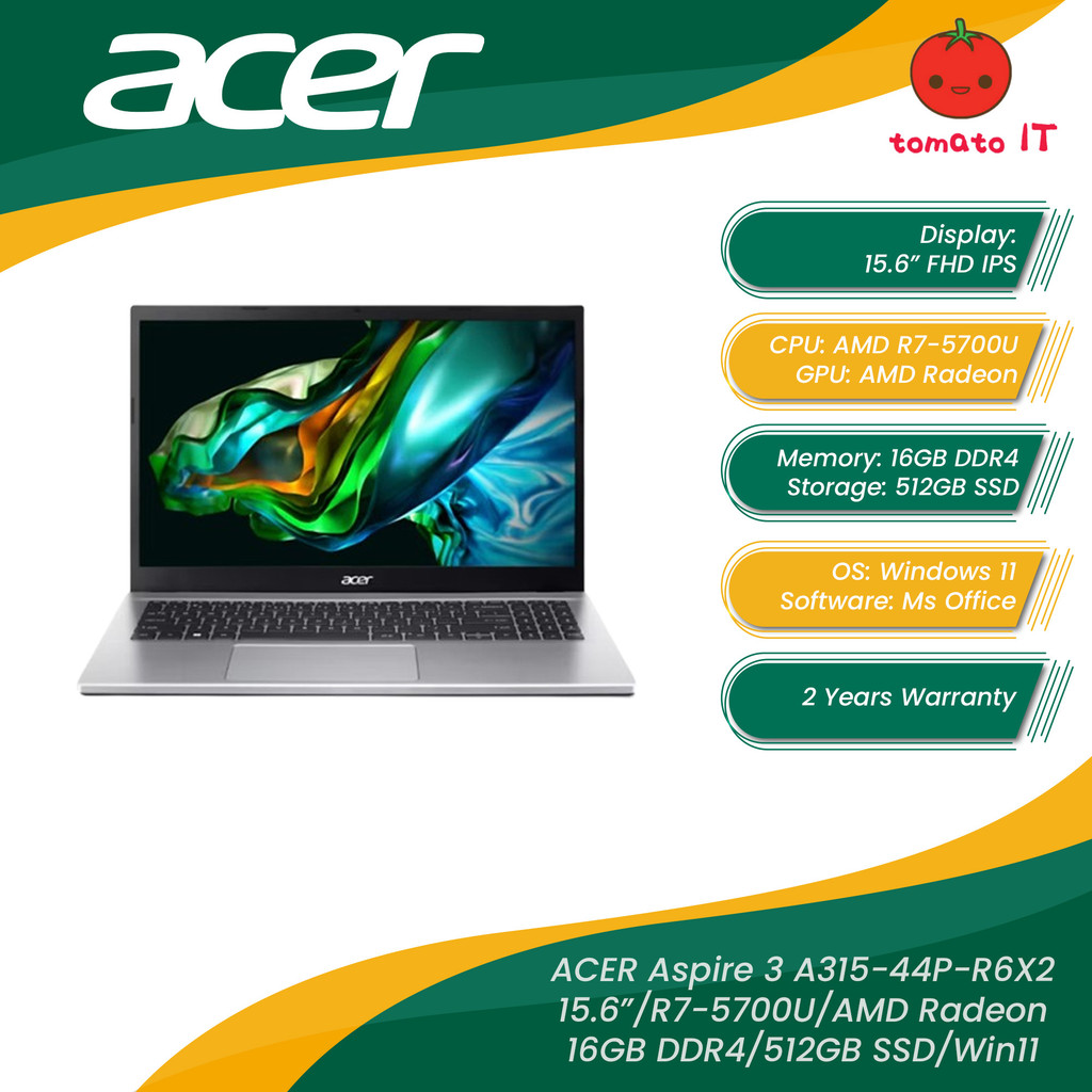 ACER Aspire 3 A315-44P-R6X2 Laptop - 15.6" FHD IPS/R7-5700U/16GB DDR4/512GB SSD/AMD Radeon/Win ...