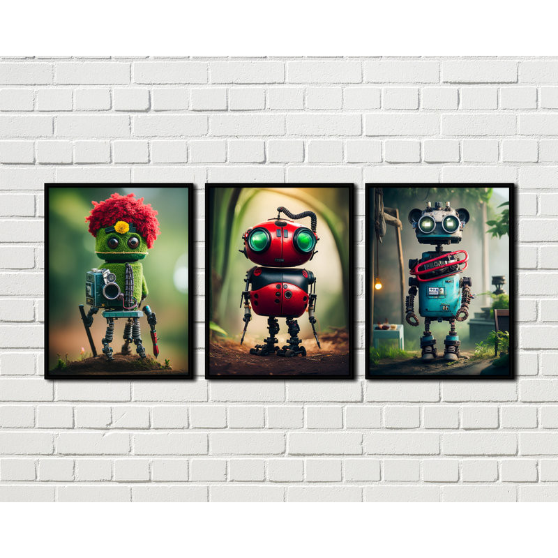 Robot Posters Cute Tryptic Steampunk Art Print Set Retro Wall Poster ...
