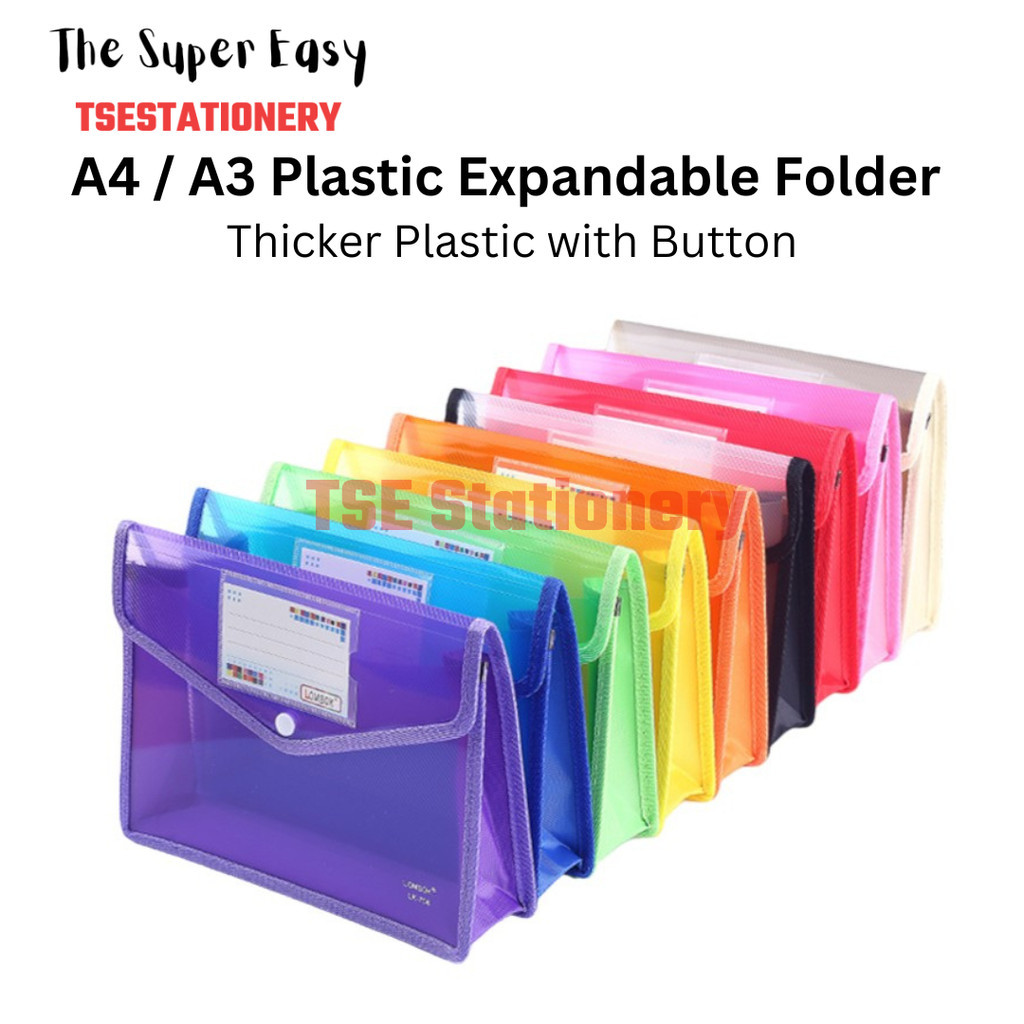 708 A4 / A3 Plastic Button Document Bag Expandable Horizontal ...