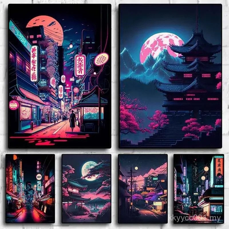 Pop Neon jepun Tokyo Poster landskap bandar mencetak estetika ...