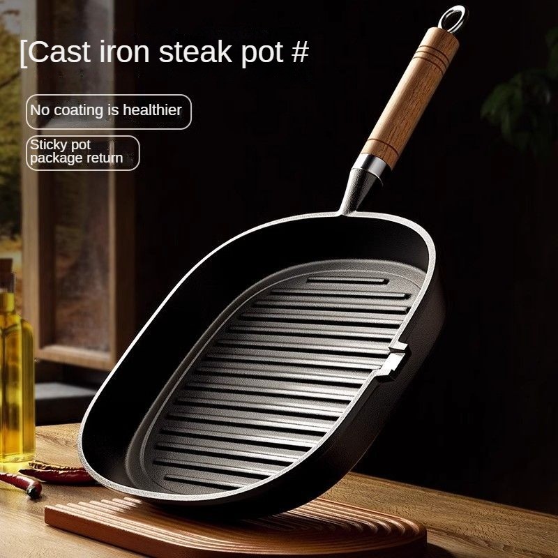 Cast Iron Steak Frying Pan Wooden Handle Striped Frying Pan Uncoated ...
