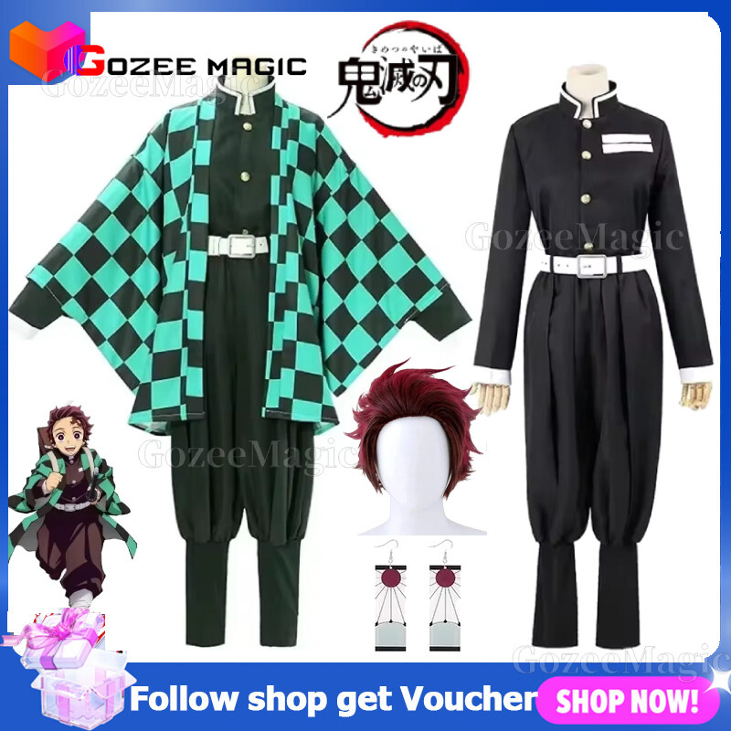 Halloween Kamado Tanjirou Cosplay Costume Wig Eardrop Set Demon Slayer ...