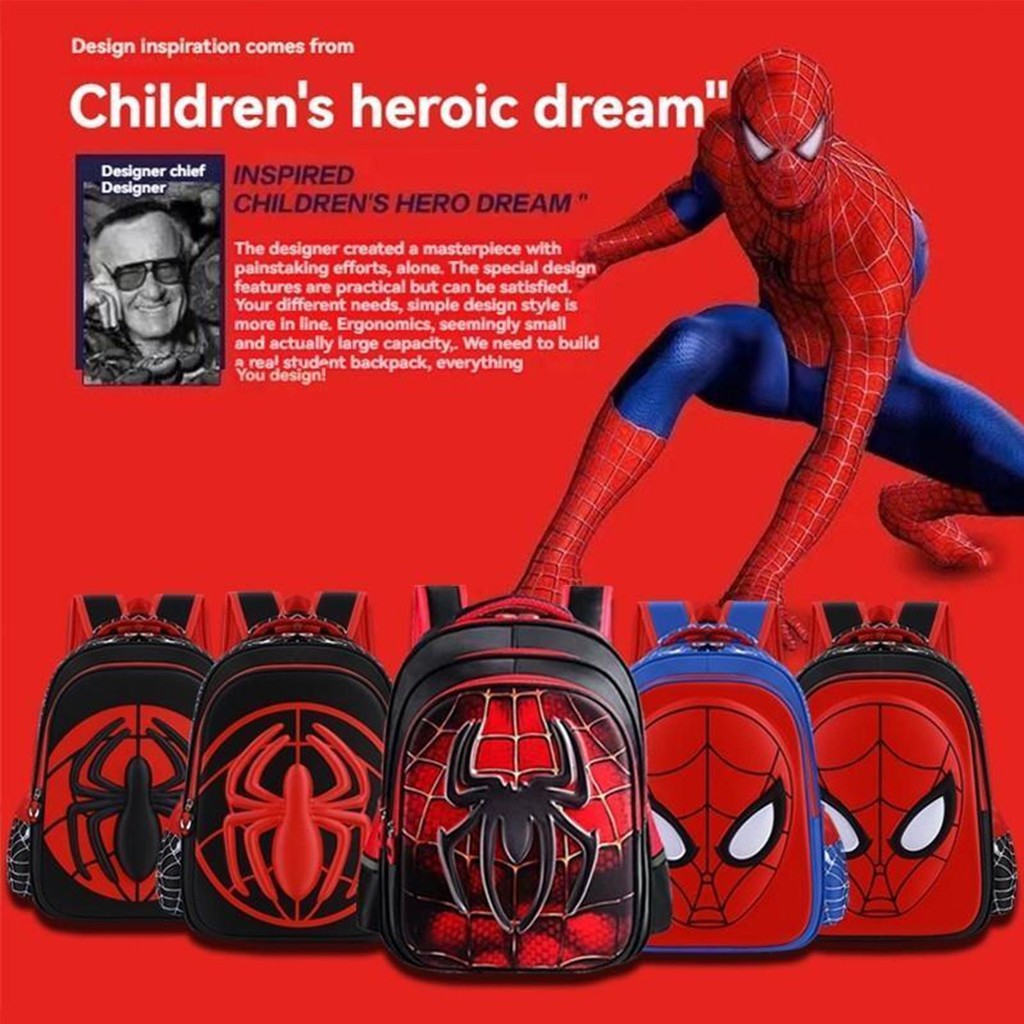 (READT STOCK)38cm 3D Kids Children Student PrimarySpiderman School Bag ...