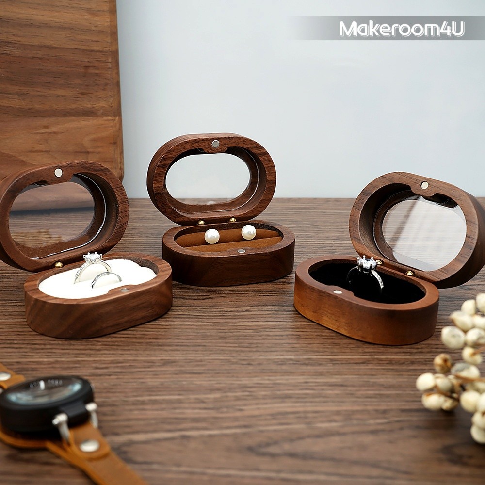 Solid wood walnut ring storage box Oval window acrylic engagement ring ...