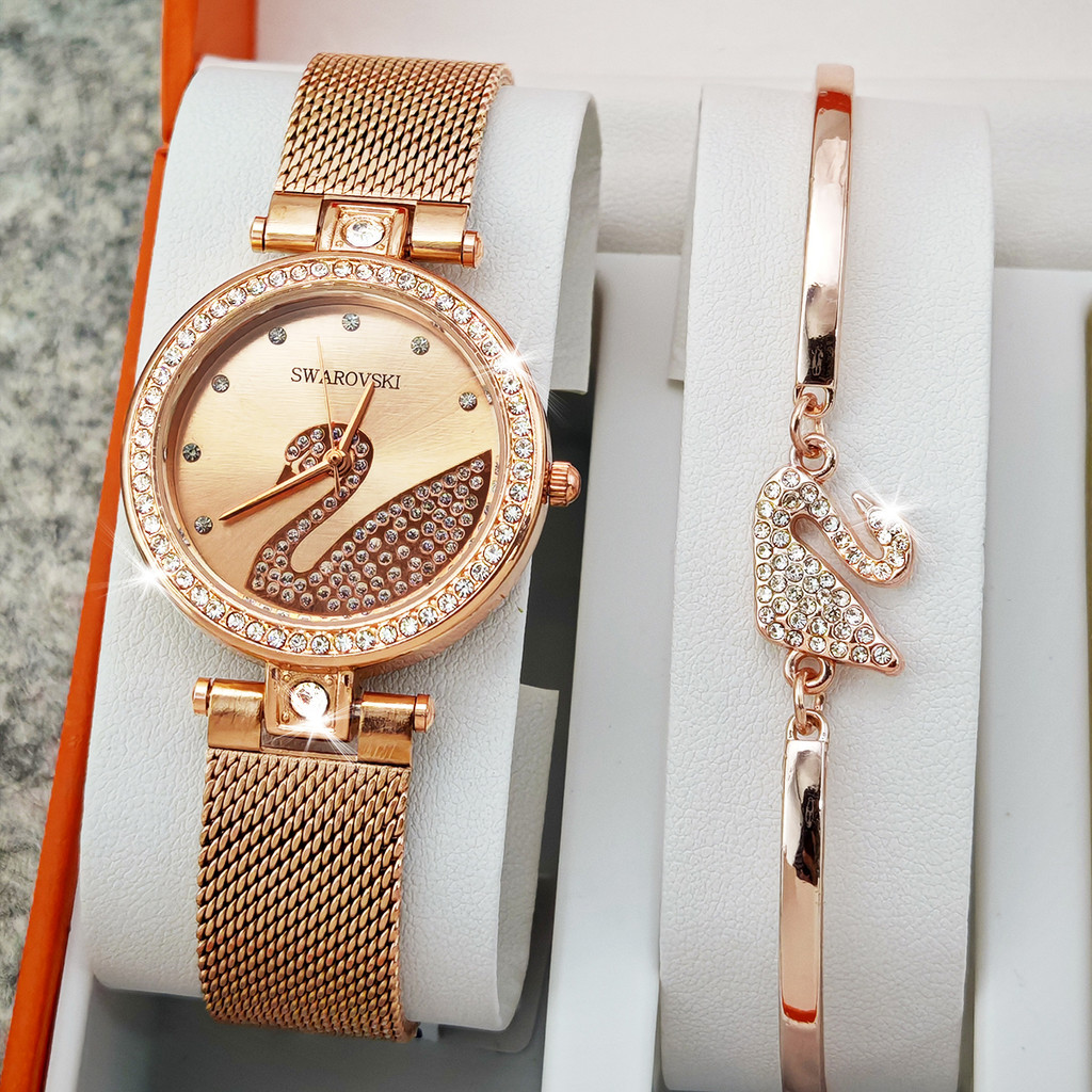 2 Pcs Set Women's Swan Watch Bracelet Set Fashion Swan Stainless Steel ...