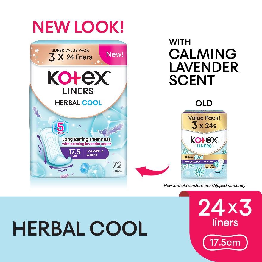 KOTEX Herbal Cool Longer & Wider Pantyliner 17.5cm (24s x 3 Packs ...