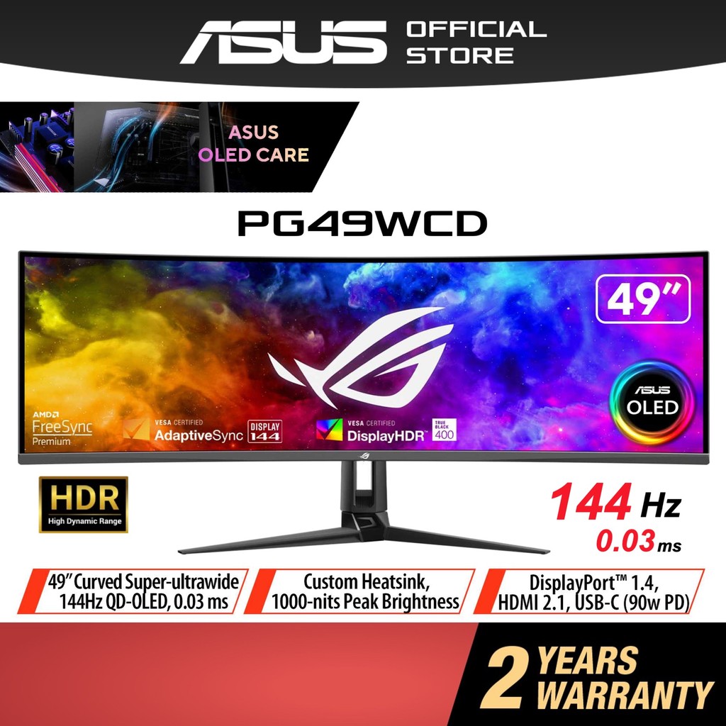 ASUS PG49WCD 49" ROG Swift OLED Gaming Monitor Curved QD-OLED 144Hz G ...