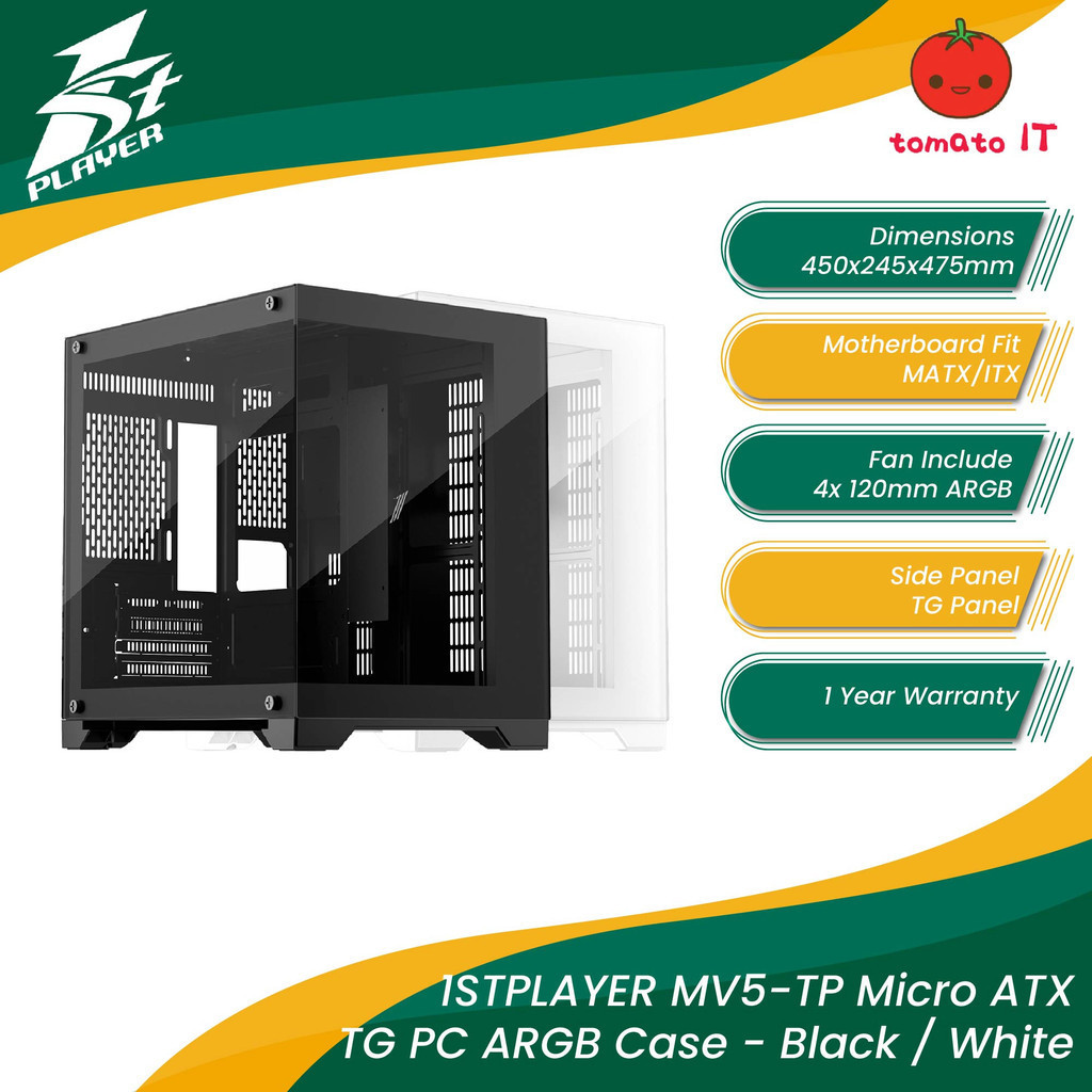 1STPLAYER MV5-TP Micro-ATX TG 4x 120mm ARGB Fans PC Case - Black | White | Shopee Malaysia