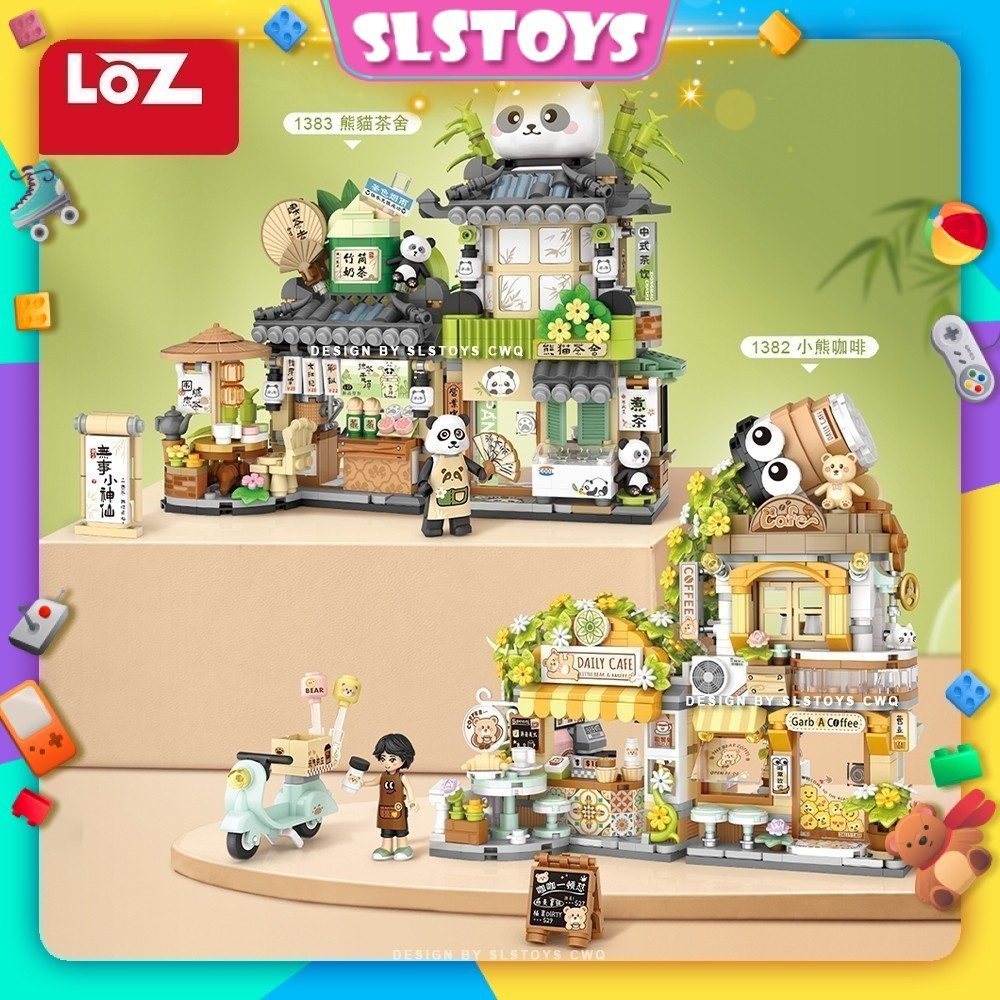 LOZ IDEAS Mini Block 1382 / 1383 Modern China Street Panda Tea Bear ...