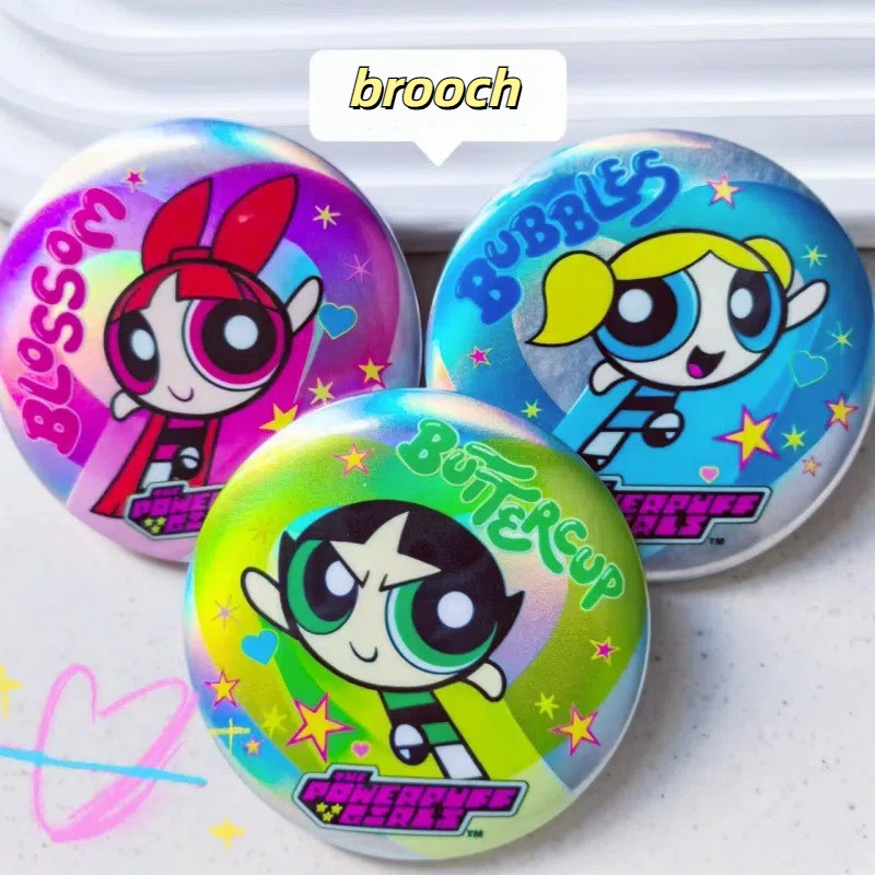 Cute Tinplate Soft Button Pin Brooch Anime The Powerpuff Girl Creative ...