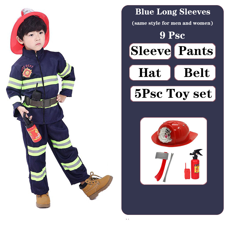 9Pcs Fireman Costume Uniform Kid Sam Firefighters Costume Carrier ...