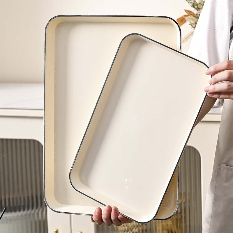 Cream Silver Edge Tea Tray Rectangular Fruit Snack Dessert Plate Light ...