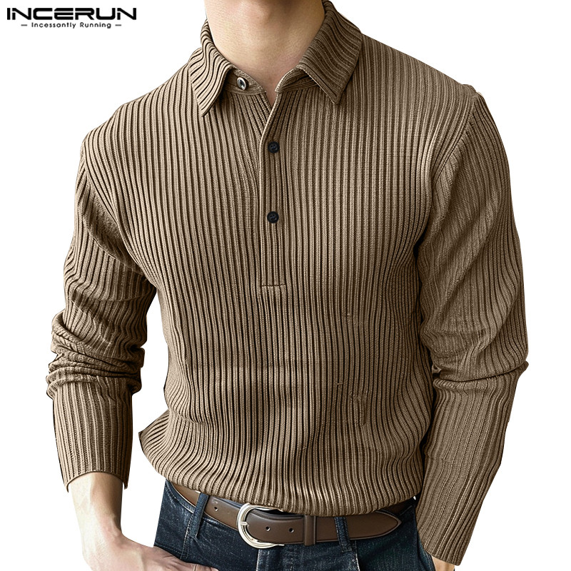 INCERUN Men Korean Fashion Pit-Striped Long-Sleeve Lapel Collar POLO ...