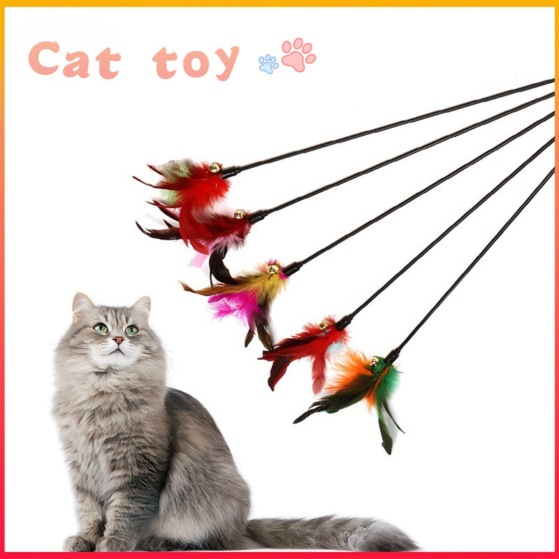 Colorful Short Rod Feather Bell Cat Funny Cat Stick Elastic Thick ...