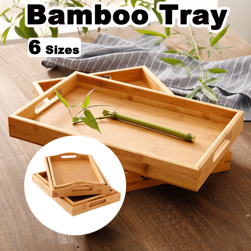 Bamboo Tray Rectangle Wooden Serving Tray with Handle Wood Platter for Food Tea Coffee Breakfast ...