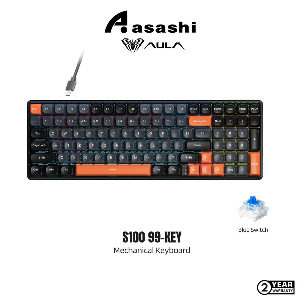 AULA S100 99-Key Mechanical Keyboard – Blue Switch, PBT Keycaps, Mixed ...