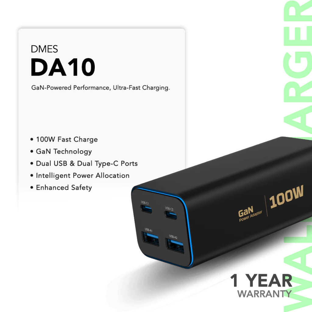 Dmes DA10 100W GaN Fast Charger USB C USB A 4 Port PD QC Compact Adapter for Laptop Phone Travel ...