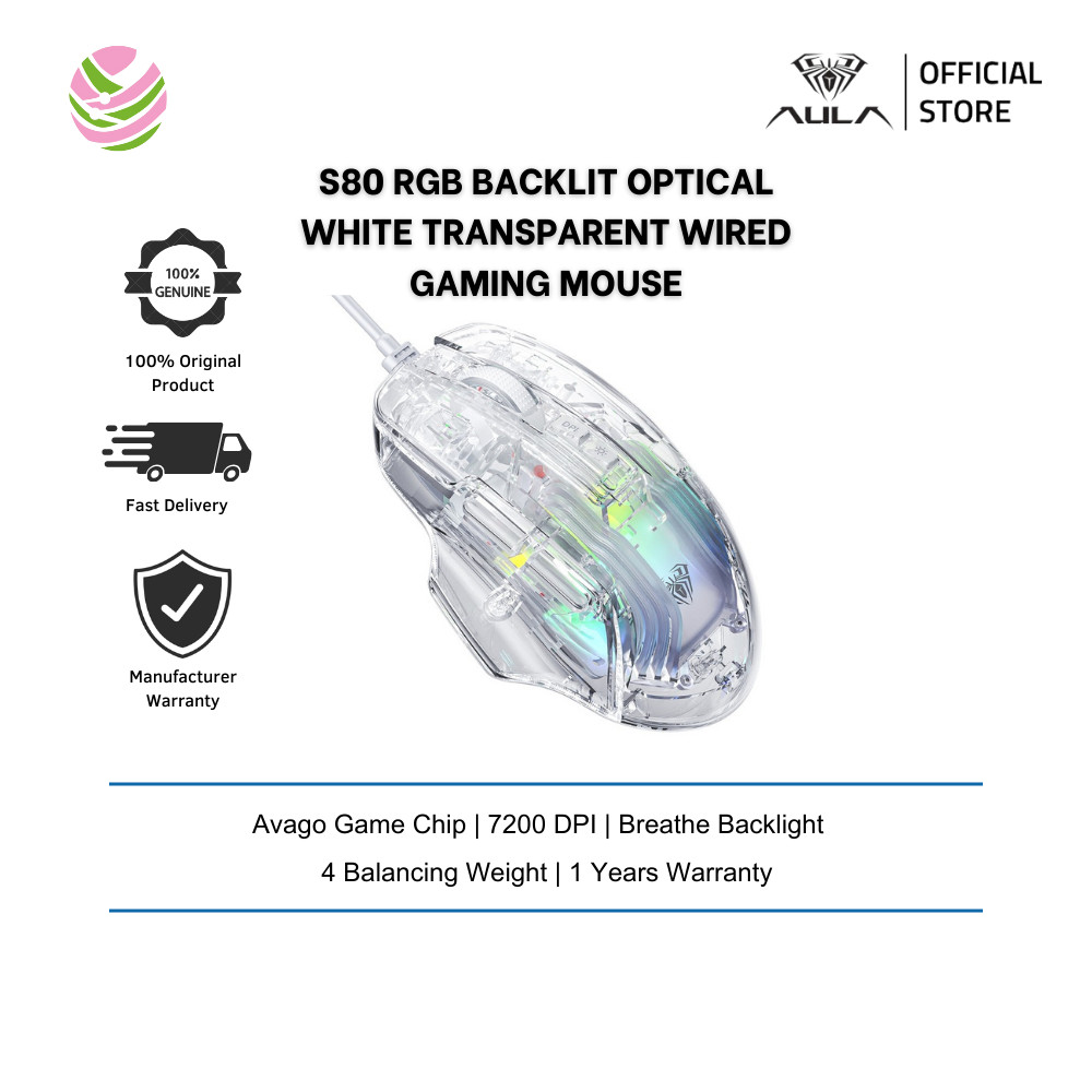 AULA S80 RGB backlit Optical Good-looking White Transparent Wired ...