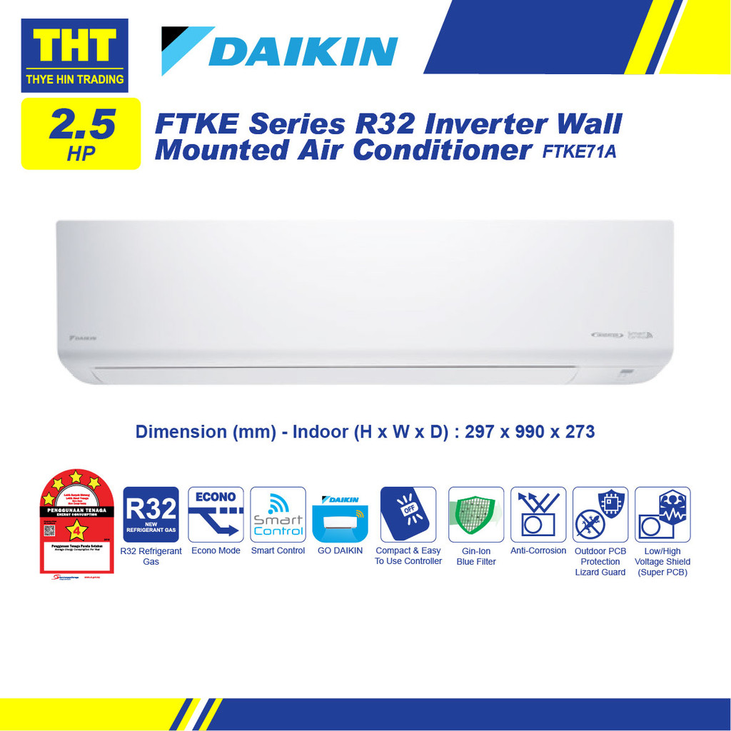 Daikin 2.5HP Eco Inverter With Smart Control FTKE71A (NEW) | Shopee ...