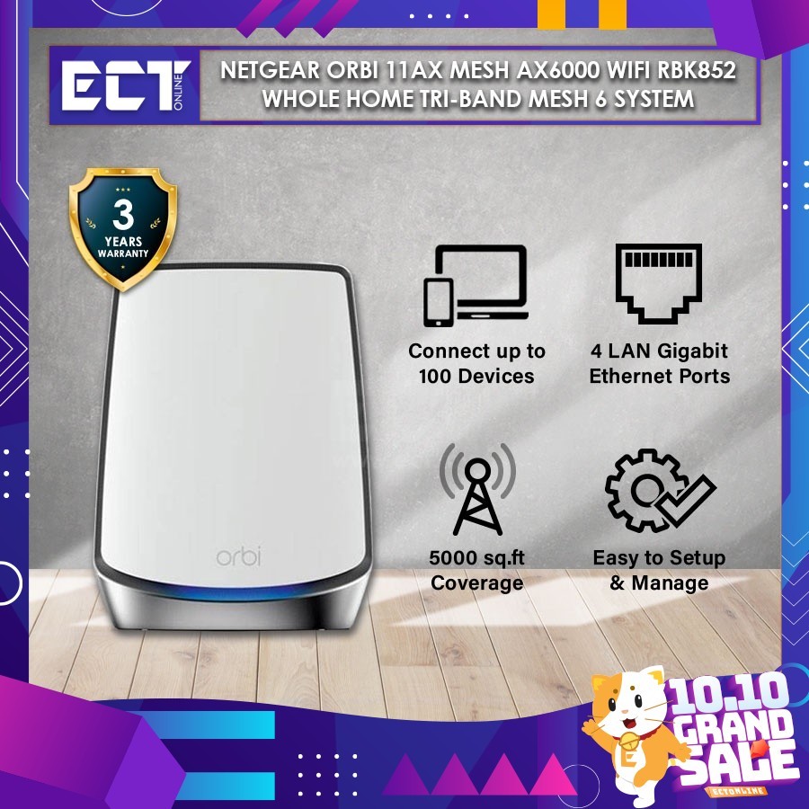 Netgear Orbi 11AX Mesh AX6000 WiFi RBK852 Whole Home Tri-Band Mesh 6 ...