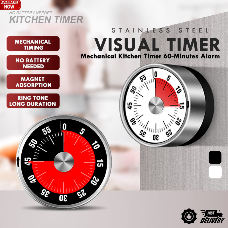 Kitchen Timer Mechanical Stainless Steel Magnet Round Shape 60 Minutes ...