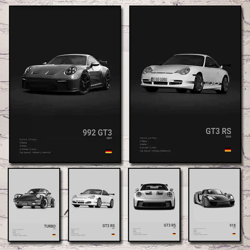 Poster kereta hitam dan putih Pop sukan kereta Wall Art Poster 911 GT ...