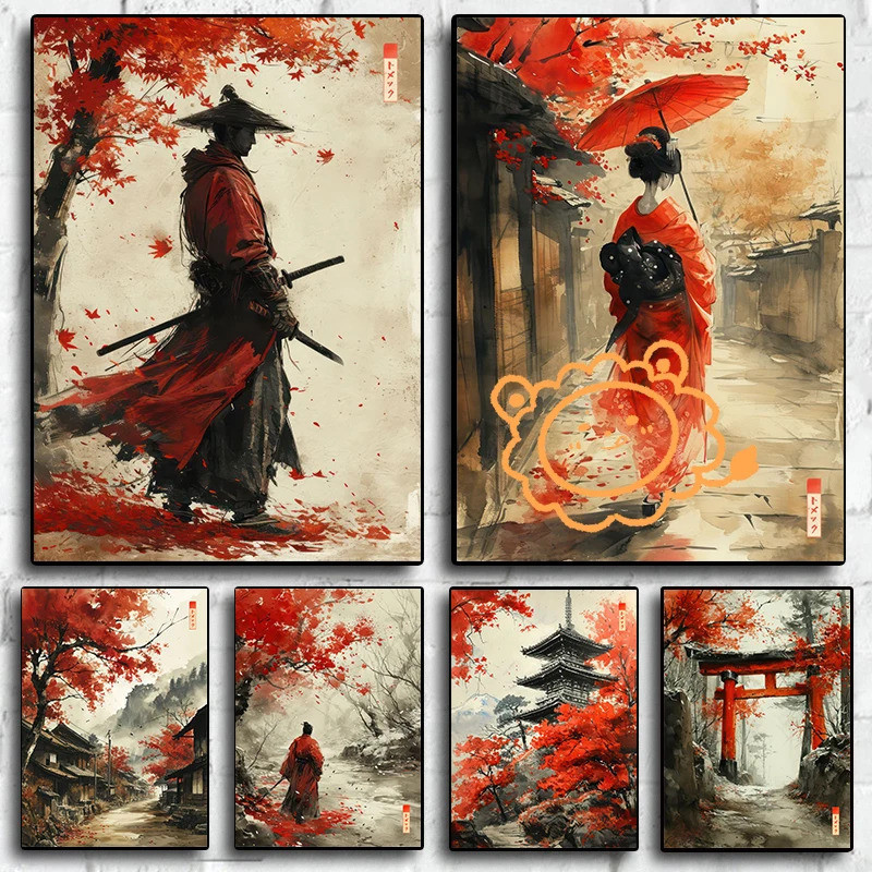 Sumie jepun dakwat cat Poster sungai Torii Gate duduk Geisha kanvas ...