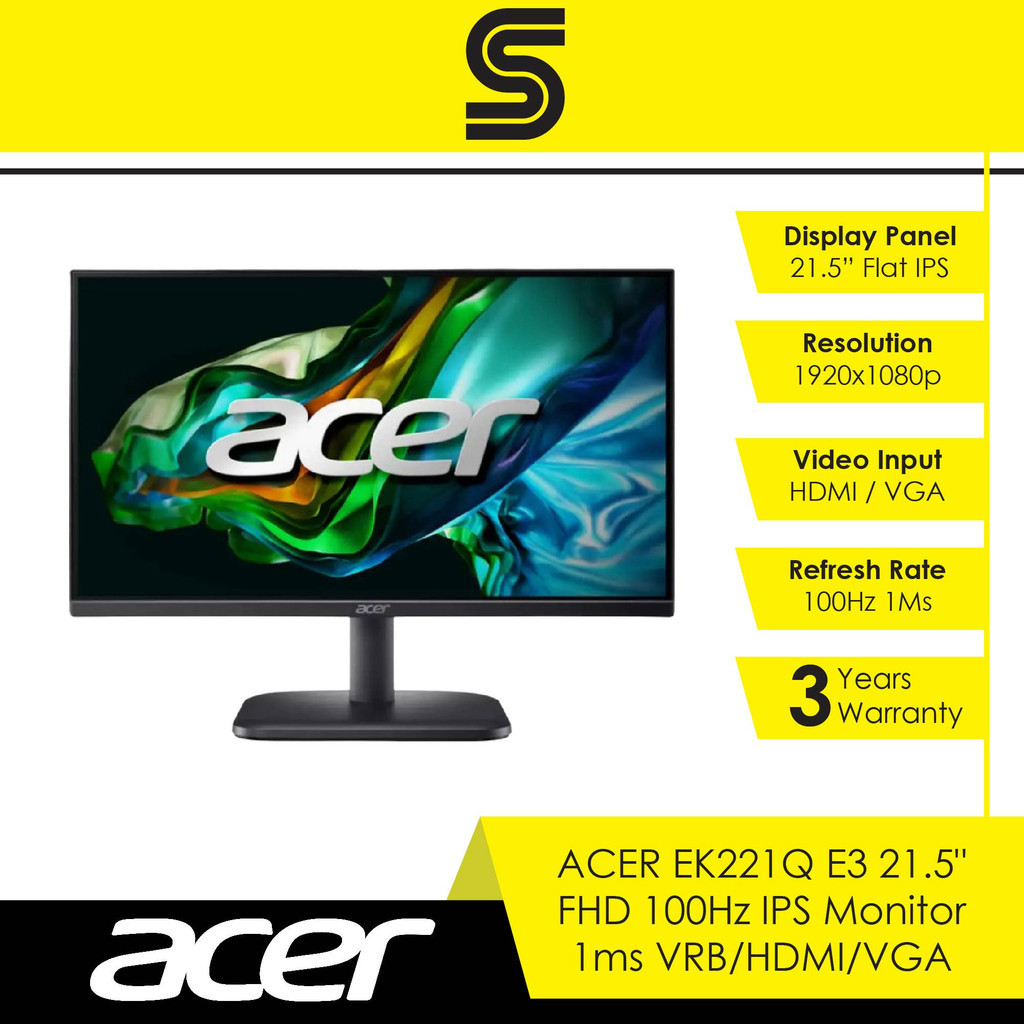 ACER EK221Q E3 21.5" FHD 100Hz IPS Monitor (HDMI/VGA/1ms) | Shopee Malaysia