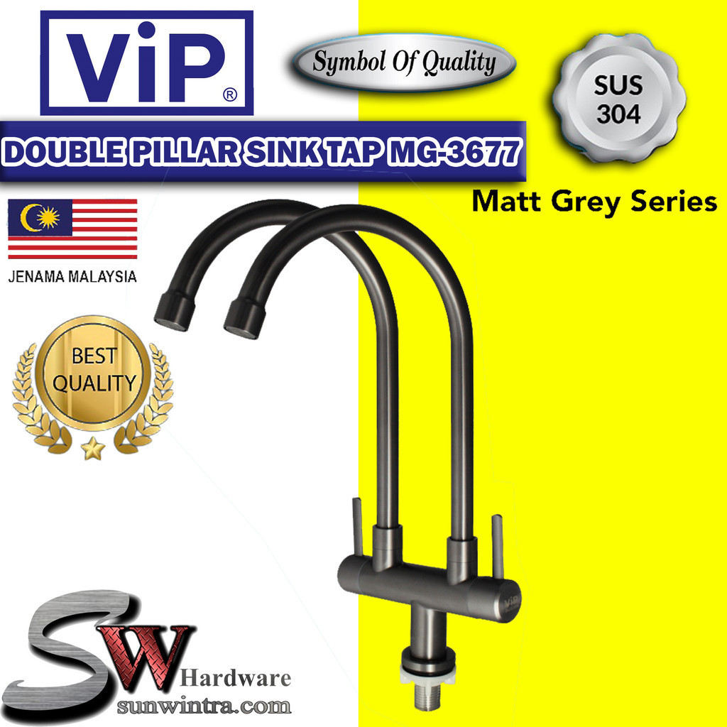 VIP SUS304 MATT GREY DOUBLE PILLAR SINK TAP #MG-3677 MG3677 TAP SINKI ...