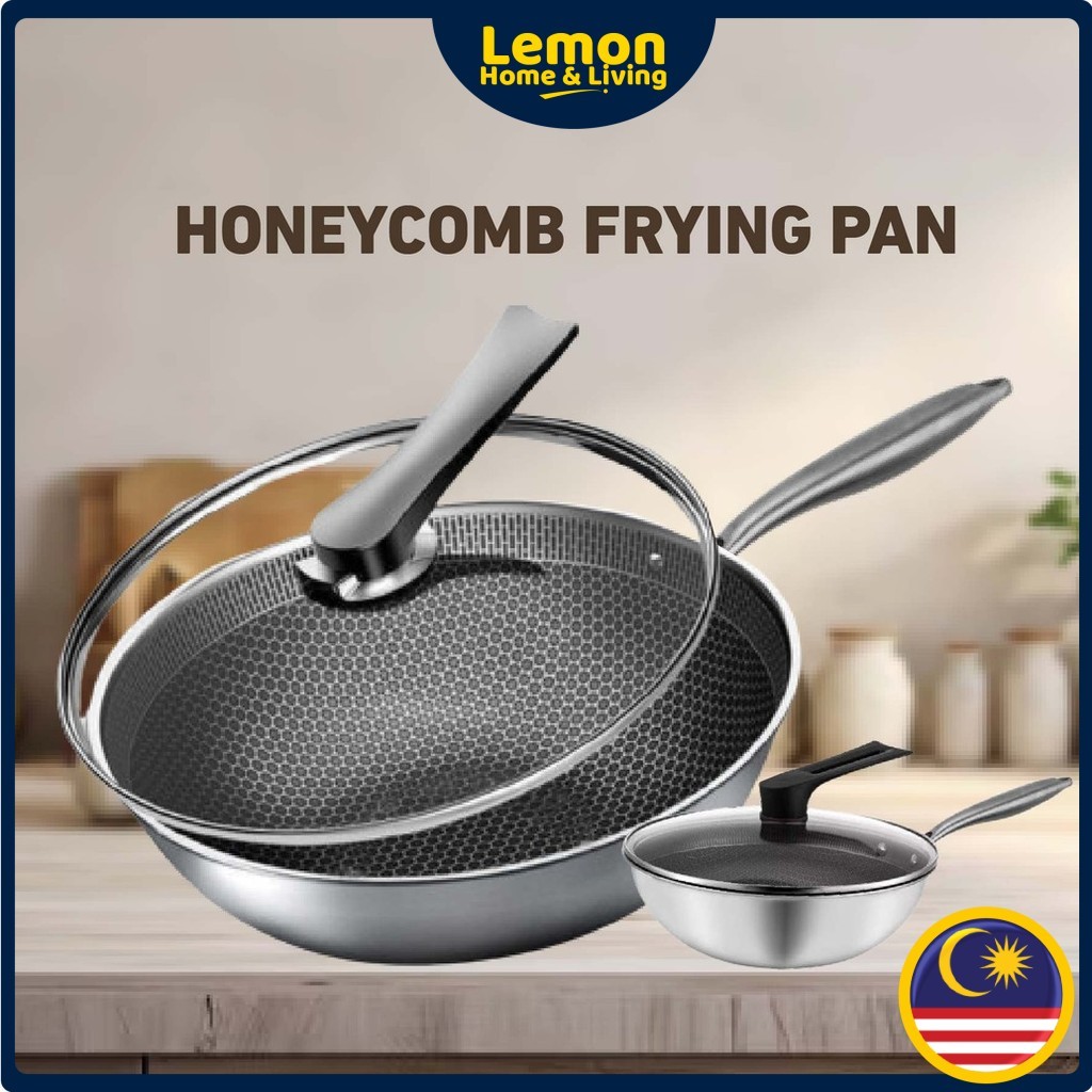 [Shopee Choice] Honeycomb Frying Pan Stainless Steel with Glass Lid 32cm Periuk Non Stick Kuali ...