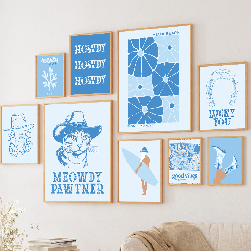 Coastal Cowgirls Surf Wall Art Prints Poster Light Blue Beach Gradient ...