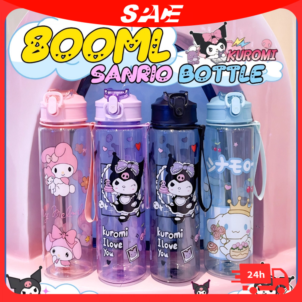 800ml Kuromi Water Bottle Kids Cinnamoroll Straw Bpa Free Transparent Kawaii Melody Sanrio ...