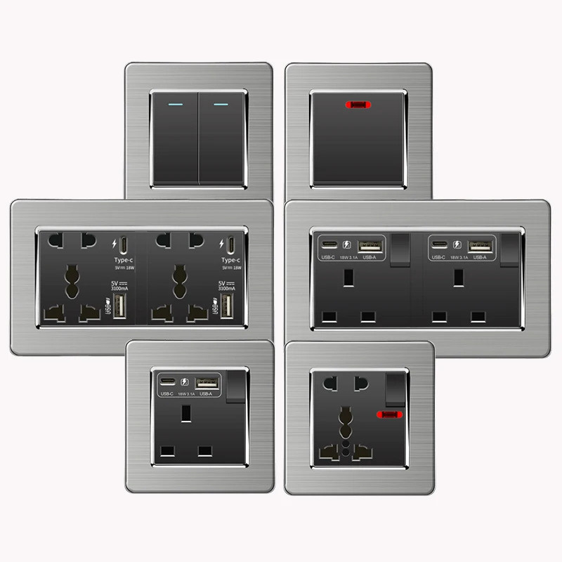 Grey Brushed Stainless Steel Wall Light Switch With UK Standard 13A ...