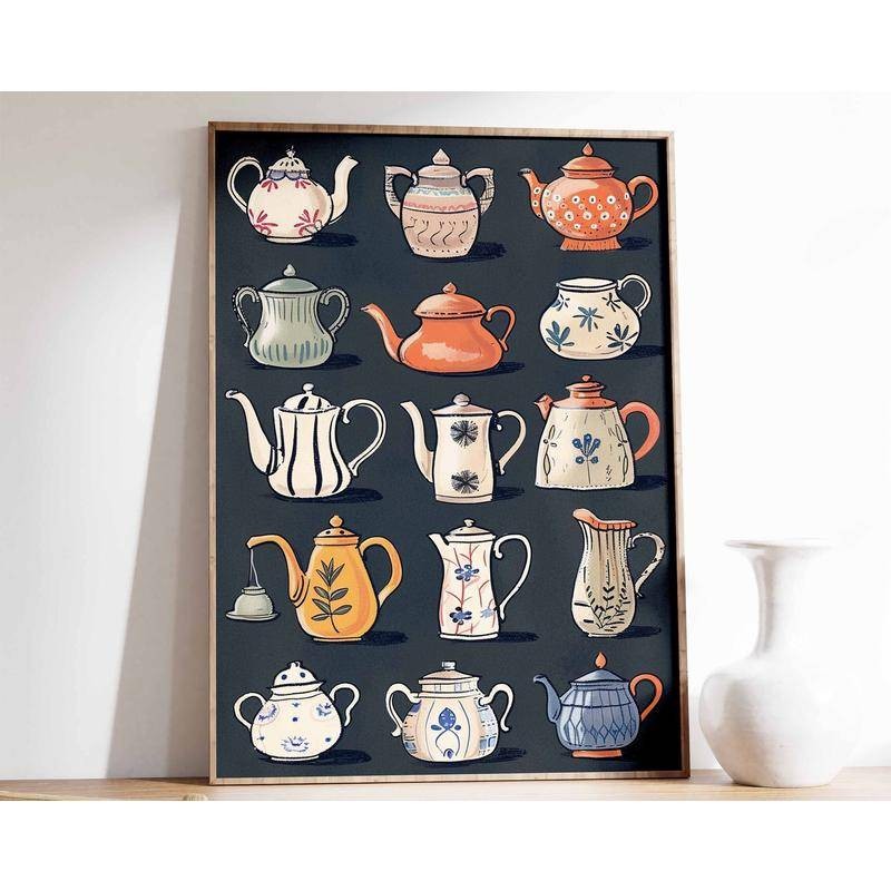 Vintage Teacup Poster, Blue Teapot Poster, Retro Coffee Poster, Kitchen ...