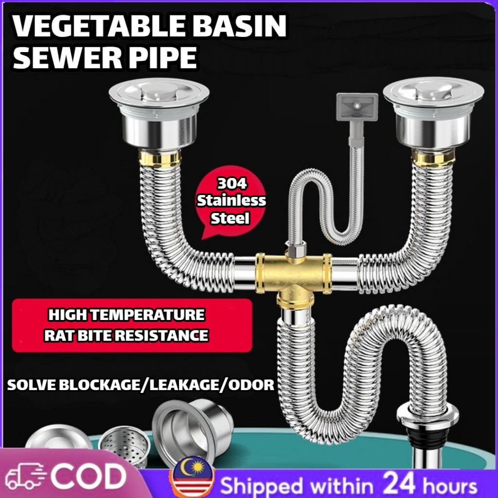 【MY 24H Ship】304 Stainless Steel Drain Pipe Double Vegetable Sink ...