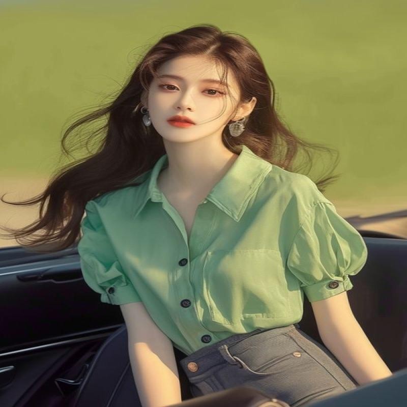 法式轻熟风薄荷曼波风绿色短袖衬衫女设计感小众别致独特绝美上衣French style light ripe mint mambo green ...