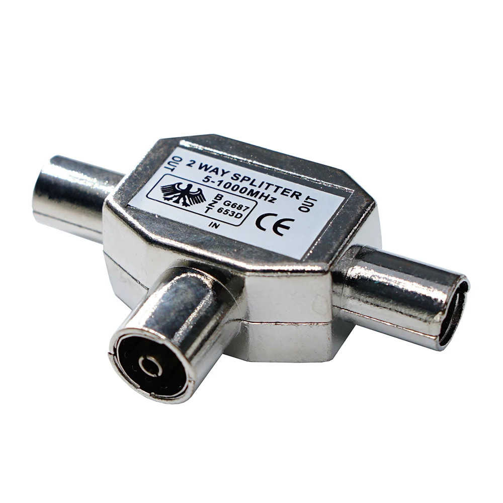 2 Way Aerial Splitter 2x Coax Plug 2 Male to 1 Female Adapter in Metal ...