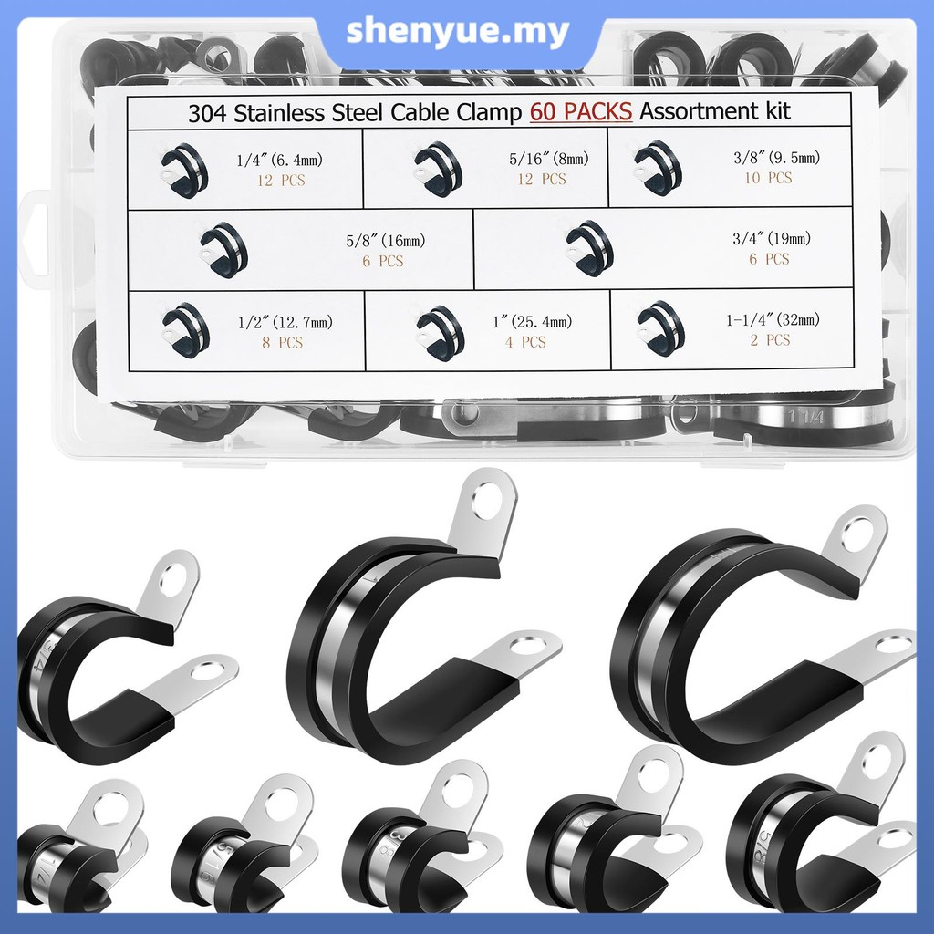 60Pcs Cable Clamp Assortment Kit 304 Stainless Steel Wire Clamp Rubber ...