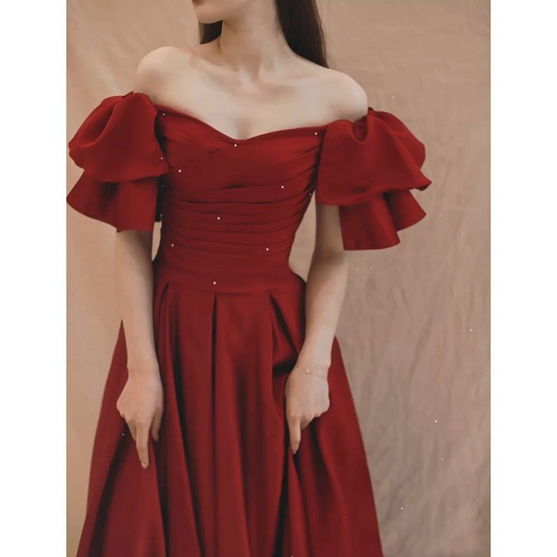 Wine Red Bridal Toast Dress Temperament Off-shoulder Engagement ...