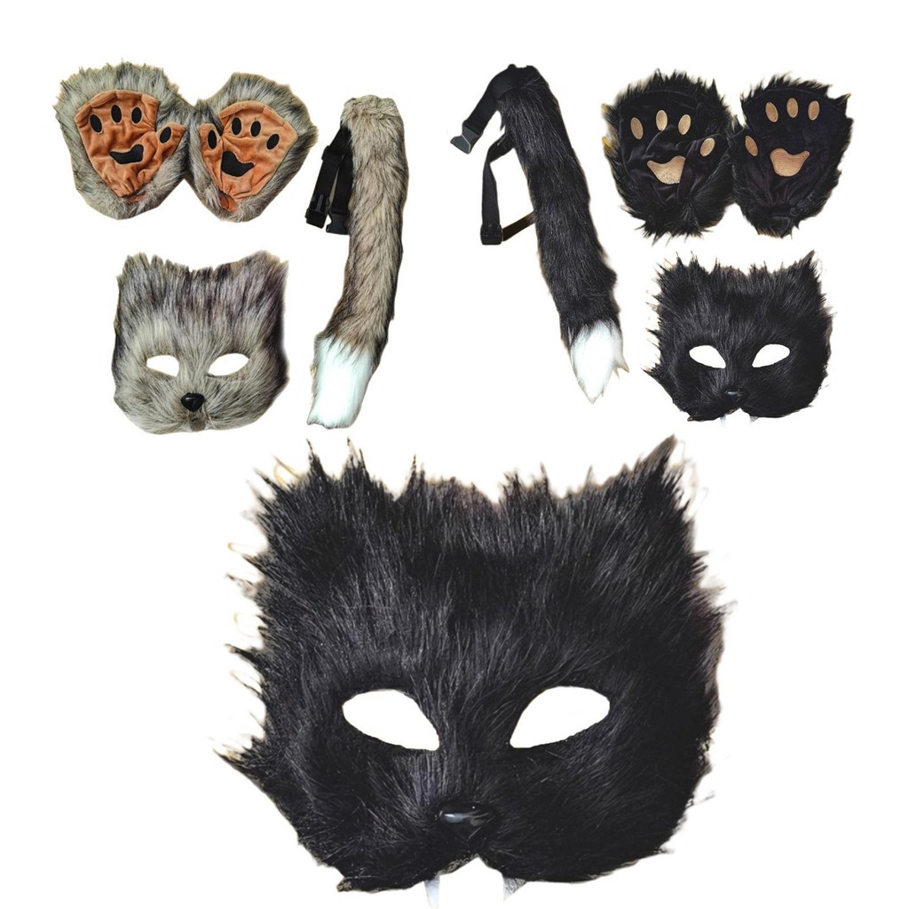 Halloween Fox Mask Set with Paw and Tail Furry Masque Halloween Cosplay ...