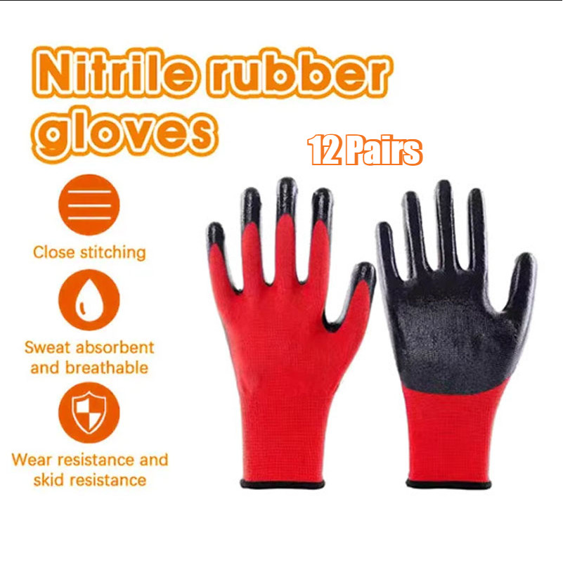 12 Pairs Nitrile Glove Working Hand Safety Gloves Rubber Coated ...