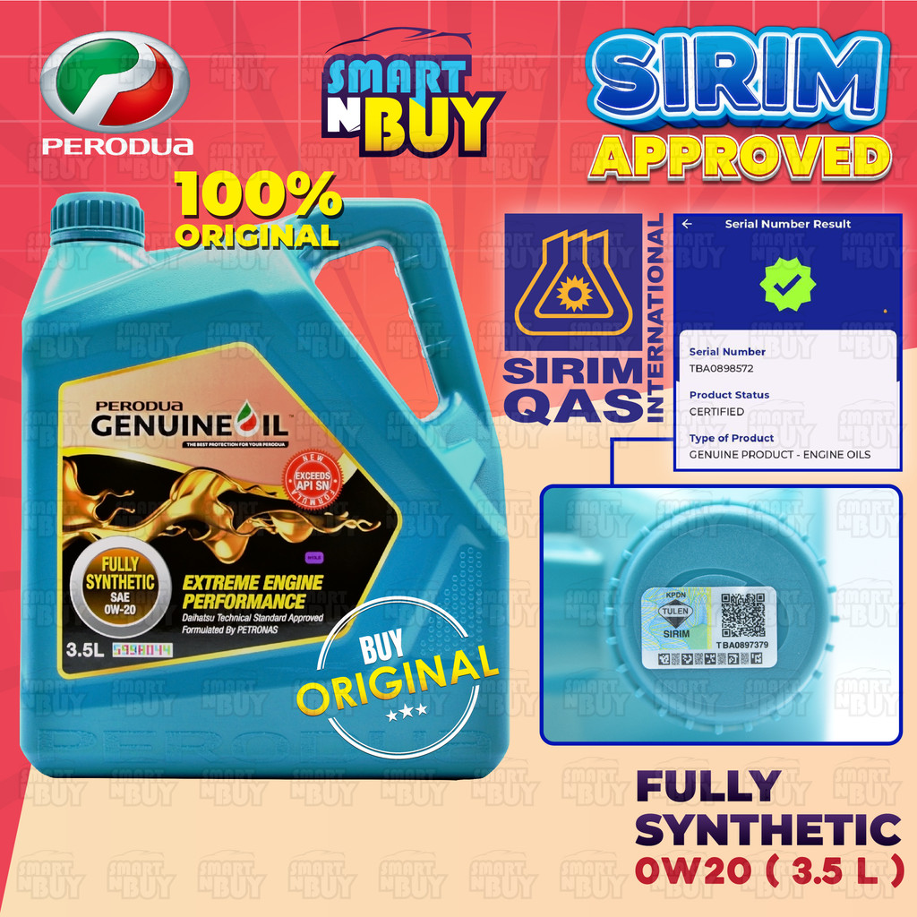 ORI Perodua 0w20 3.5L Fully Synthetic Engine Oil 0w-20 Car Minyak Hitam ...