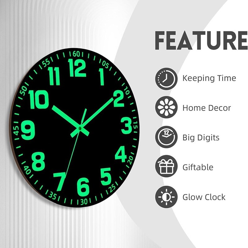 12inch Wall Clocks Glow in the Dark Clock Silent Wall Clock Non Ticking ...