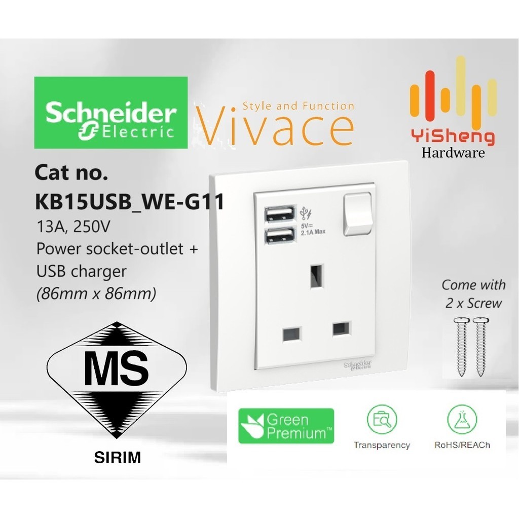 Schneider Vivace KB15USB_WE_G11 13A 250V 1-Gang Power socket outlet+USB ...