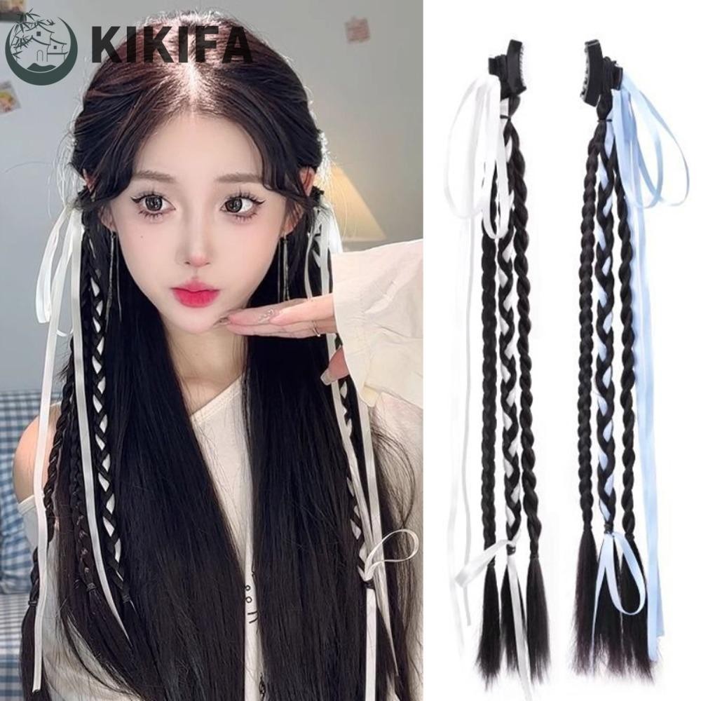 KIKIFA White Blue Bow Ponytail, Ballet Style Boxing Braided Pony Tail ...