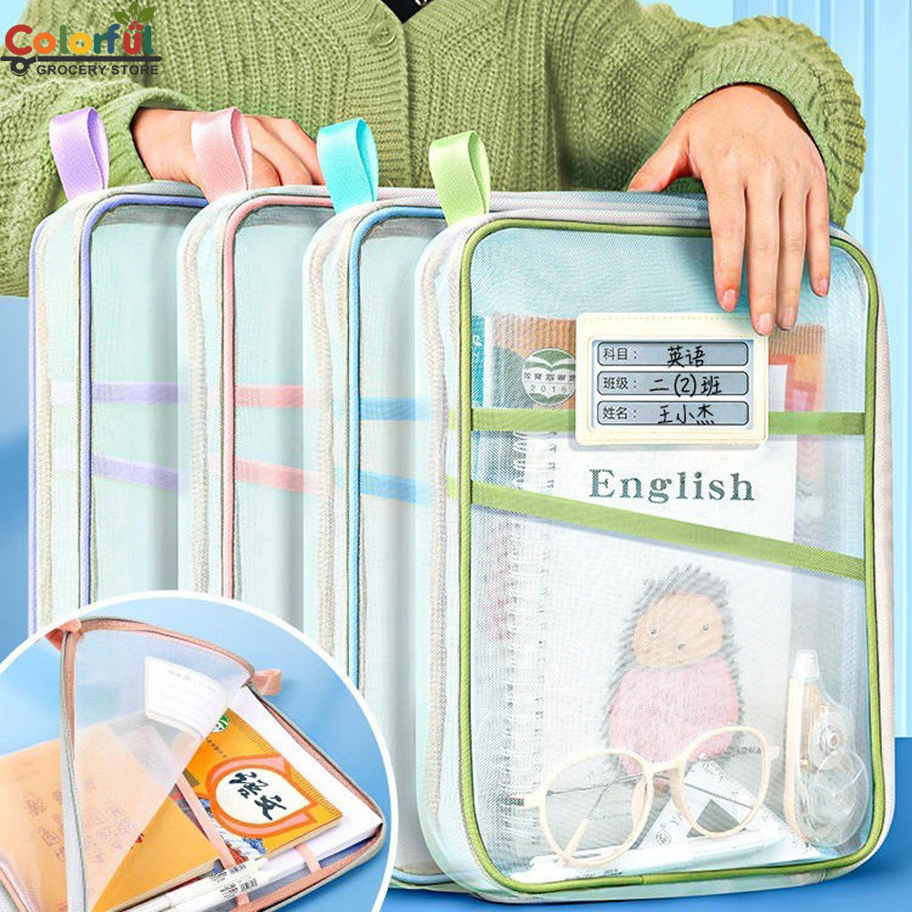 A4 Student Transparent Mesh L-shaped Large Opening Book Storage Bag Double-layer Nylon Mesh ...