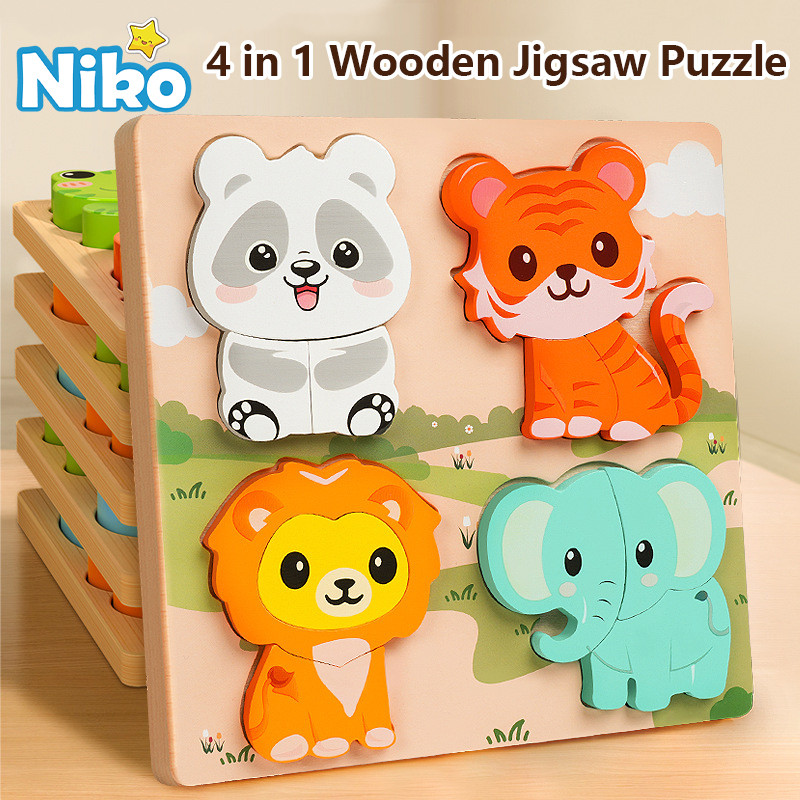 NIKO 4 in 1 Early Educational Toys Wooden Jigsaw Puzzle Toys Animal ...
