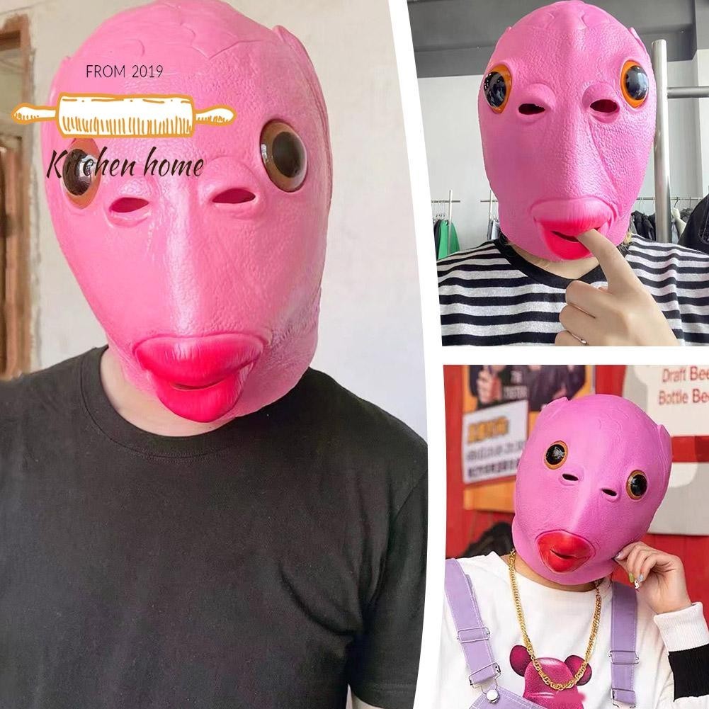 Funny Pink Fish Head Mask Cosplay Costume Mask Green Props Head ...