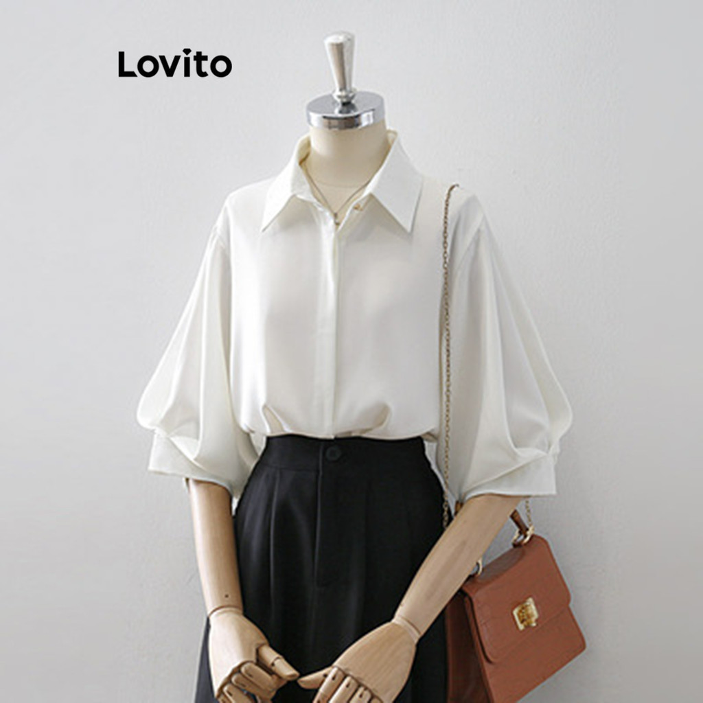 Lovito Elegant Blouse Plain Button front Puff Sleeve Blouses for Women ...